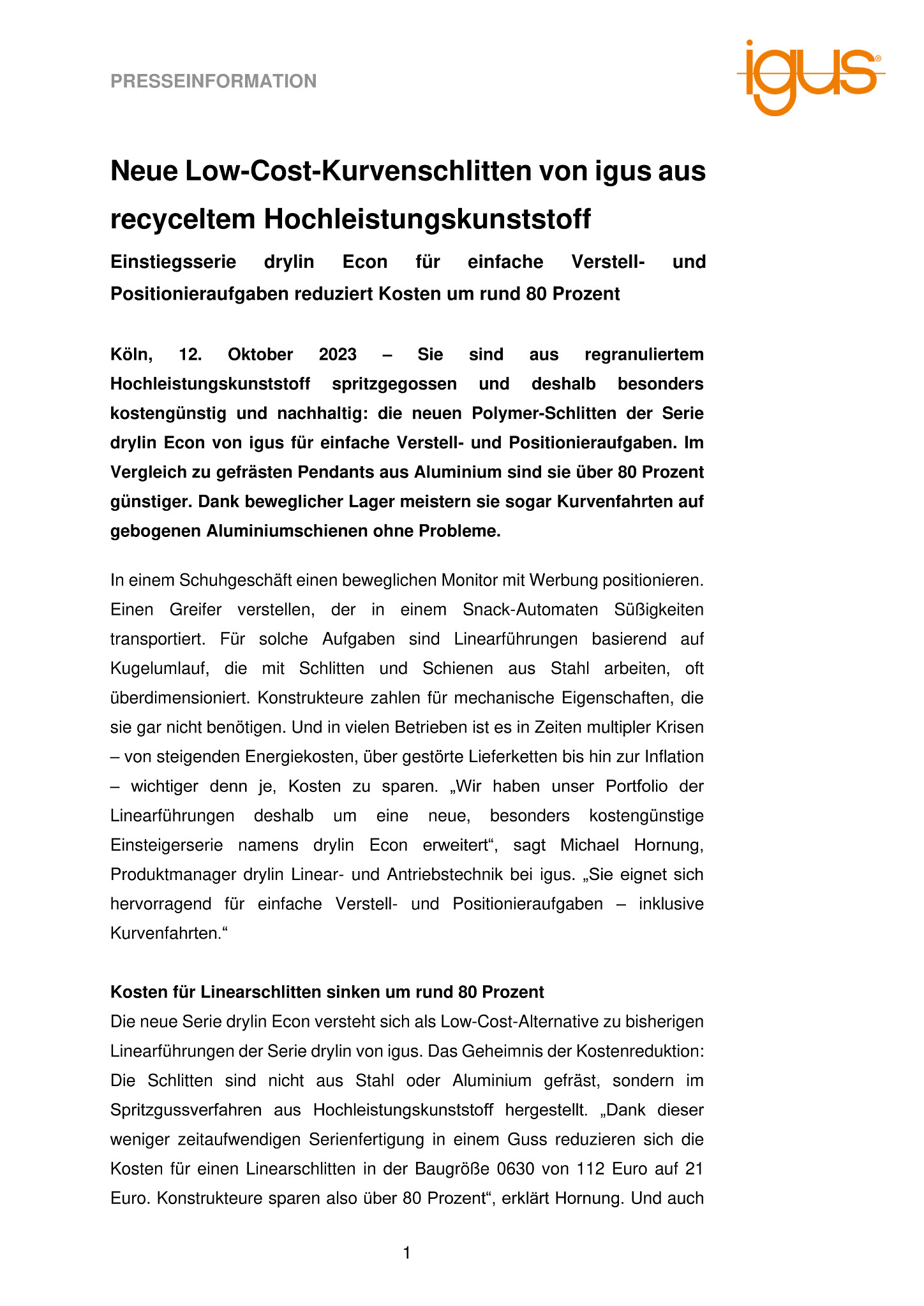 Neue Low-Cost-Kurvenschlitten von igus aus recyceltem ... Neue Low-Cost-Kurvenschlitten von igus aus recyceltem ...