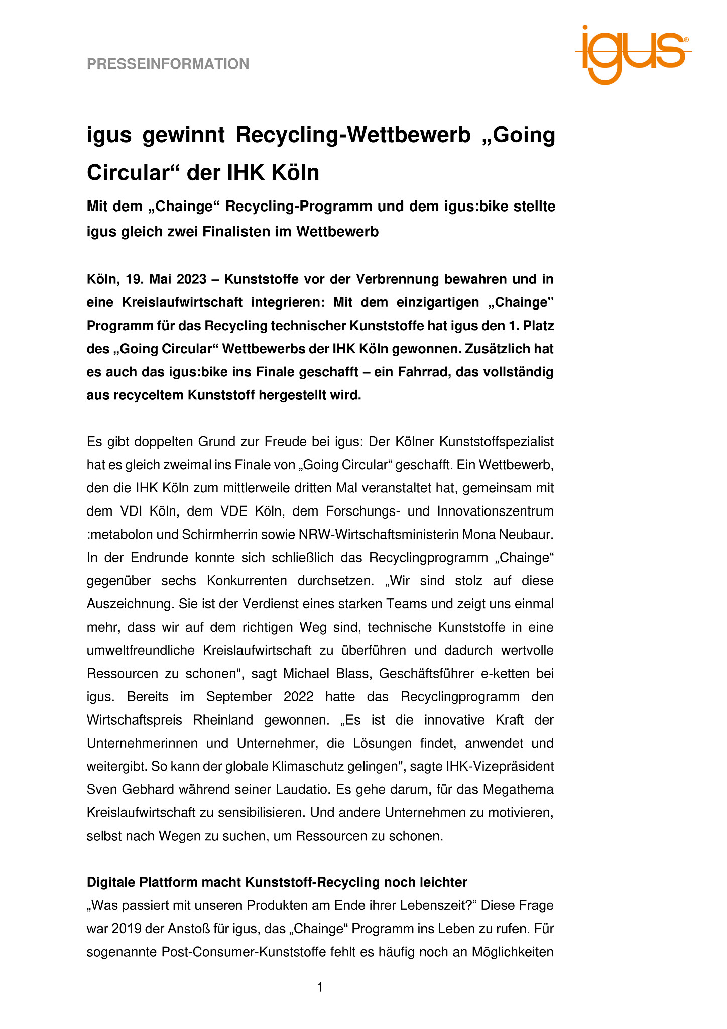 igus gewinnt Recycling-Wettbewerb „Going Circular“ der IHK Köln - igus ... igus gewinnt Recycling-Wettbewerb „Going Circular“ der IHK Köln - igus ...
