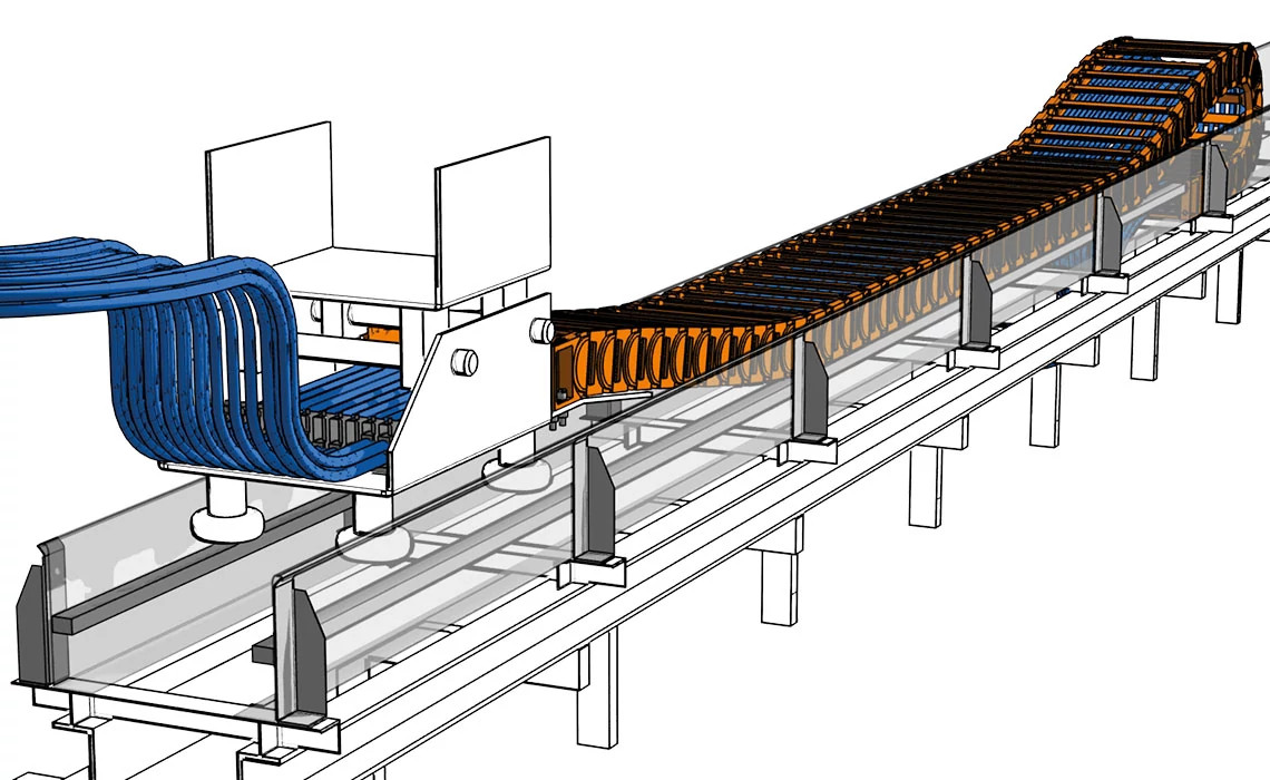 Sliding energy chain for long travel distances