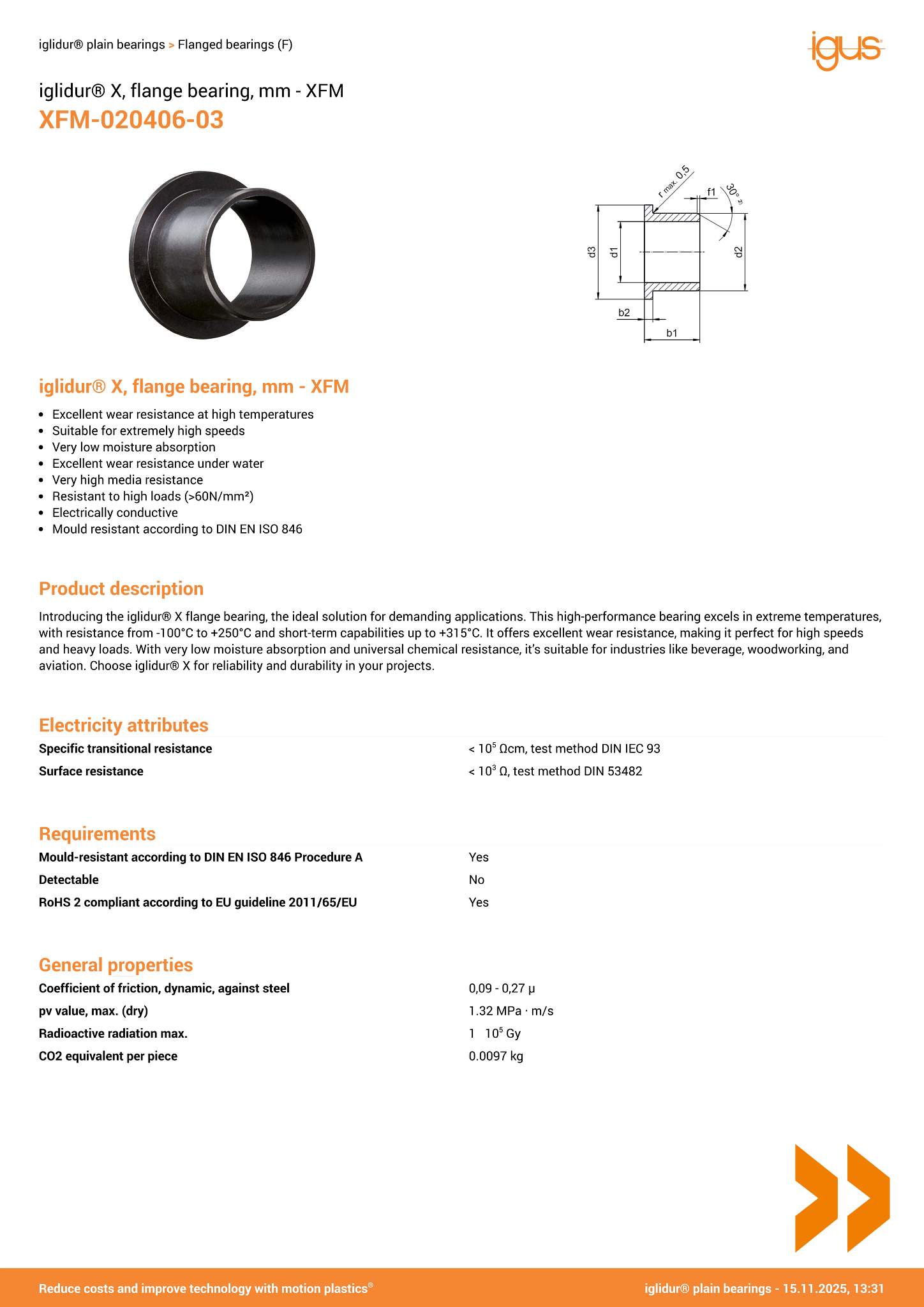 iglide® X, sleeve bearing with flange, mm