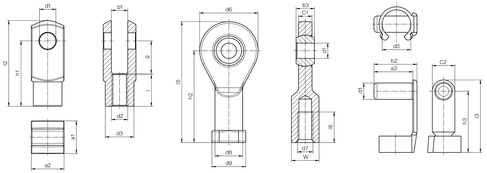 Clevis joint with spring-loaded fixing clip and rod end bearing, GERMFE ...