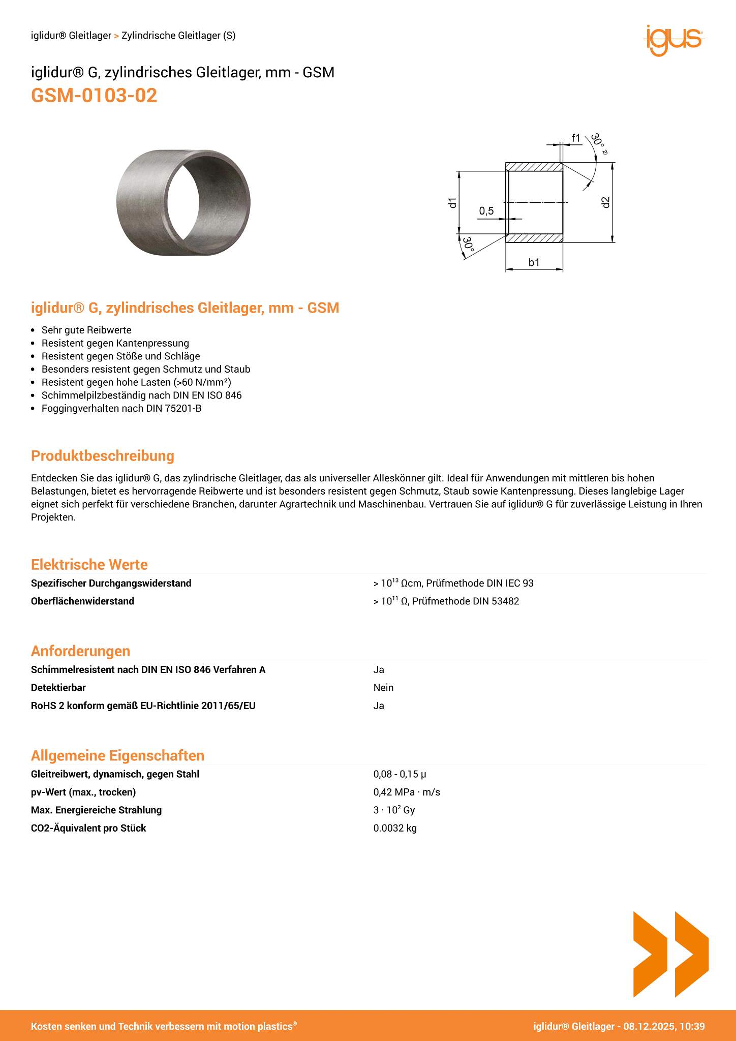 iglidur® G, zylindrisches Gleitlager, mm - GSM