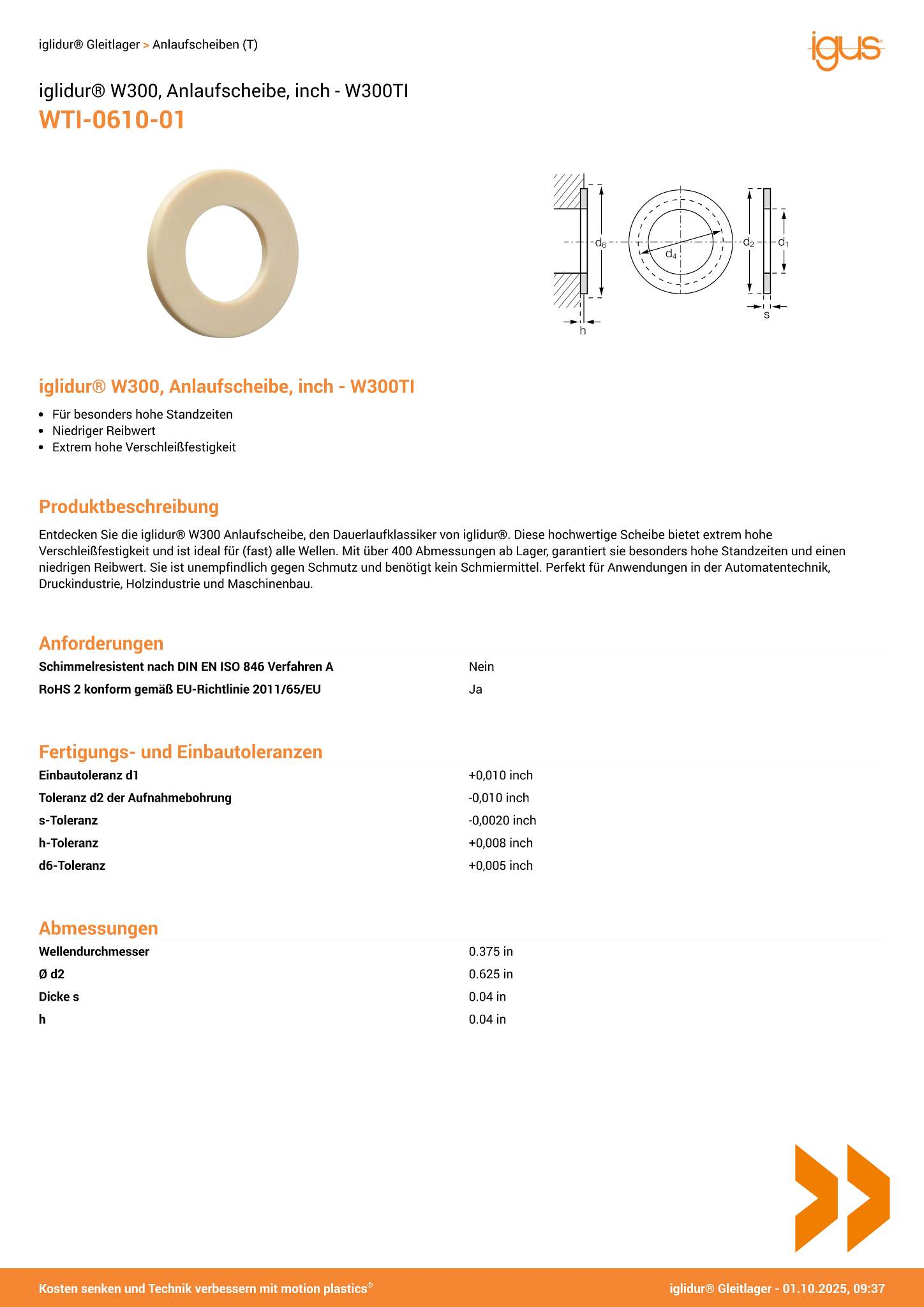 iglidur® W300, anilhas planas, polegadas
