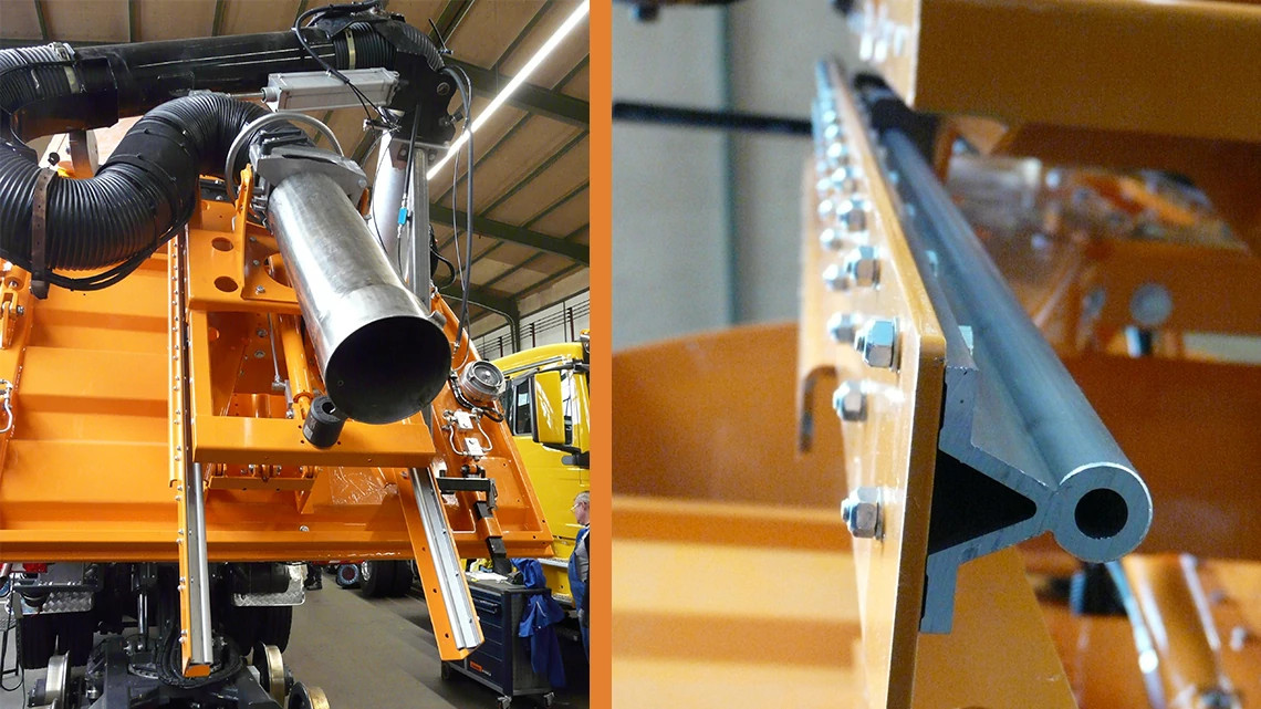 Linear bearings in vehicle for track and tunnel cleaning