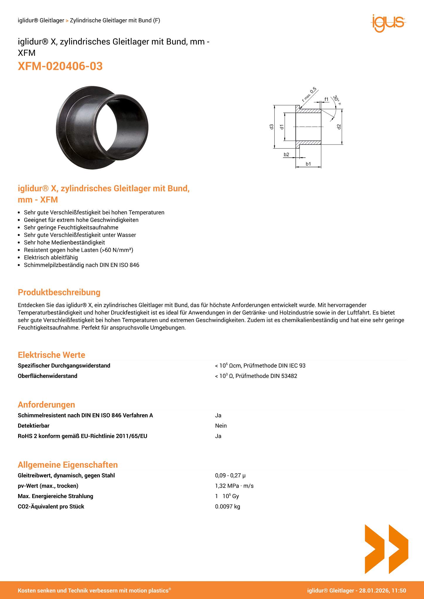iglidur® X, cylindriskt glidlager med fläns, mm
