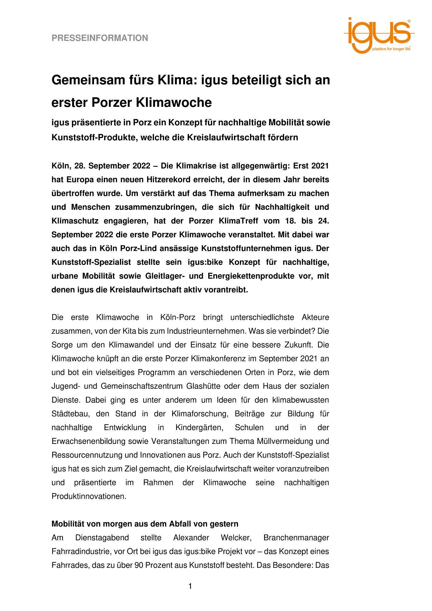 Gemeinsam fürs Klima: igus beteiligt sich an erster Porzer Klimawoche ... Gemeinsam fürs Klima: igus beteiligt sich an erster Porzer Klimawoche ...